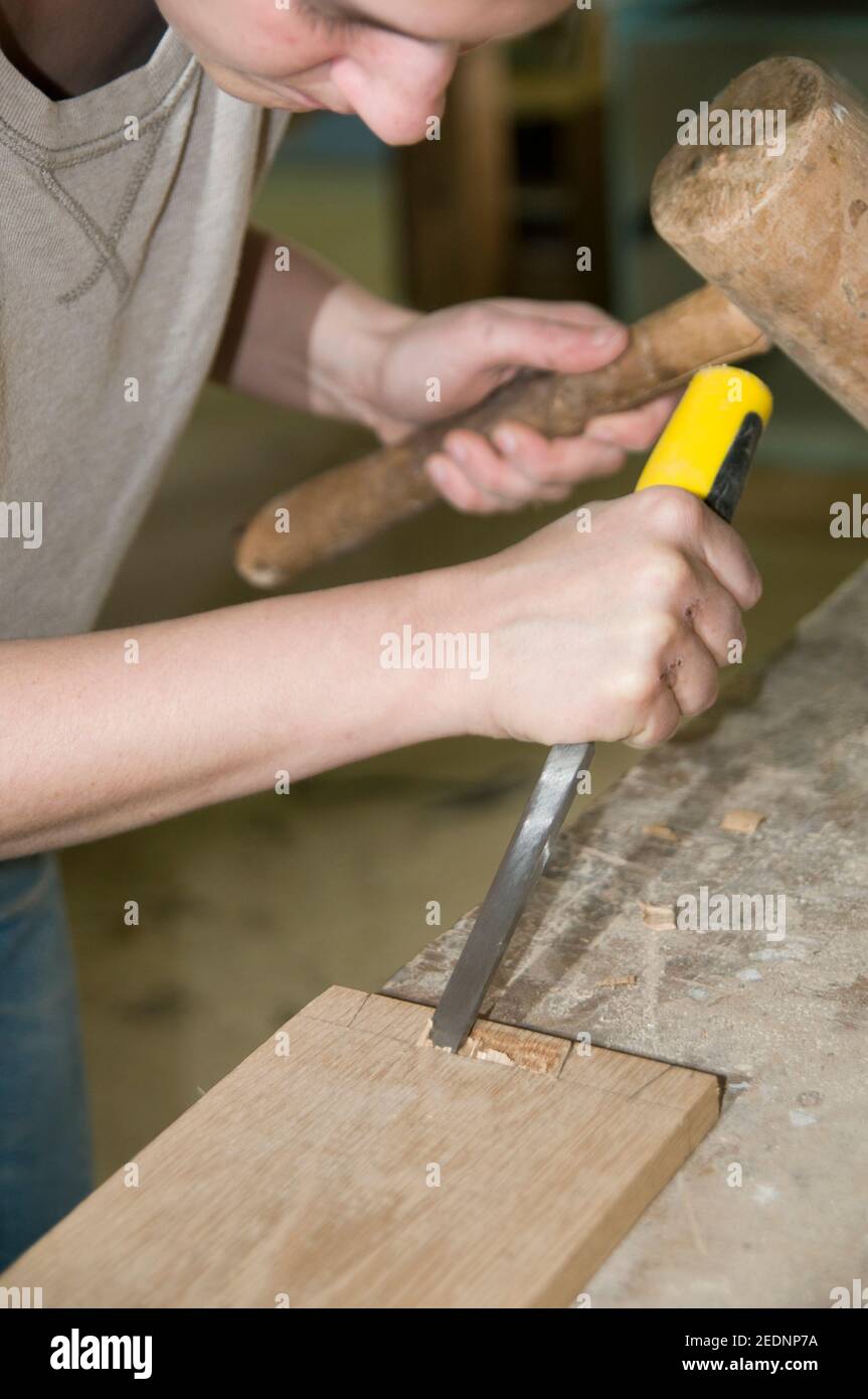 Female carpenter uses a chisel to cutout a dovetail joint Stock Photo ...