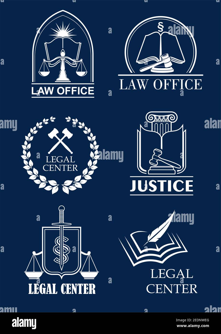 Law office, legal center and justice symbol set. Scale and sword of ...
