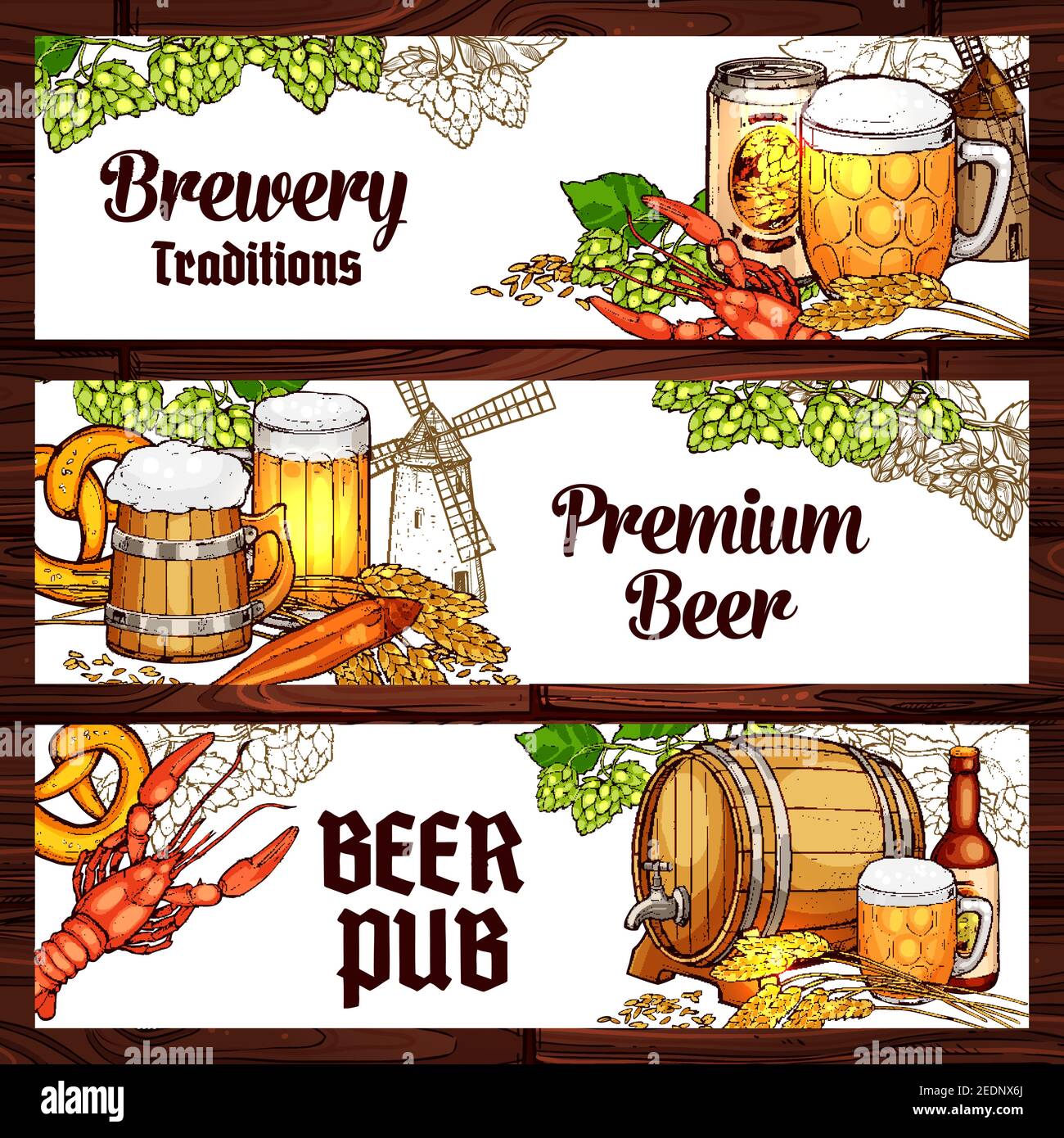 Beer pub and brewery sketch banner. Beer, ale and lager alcohol drinks ...