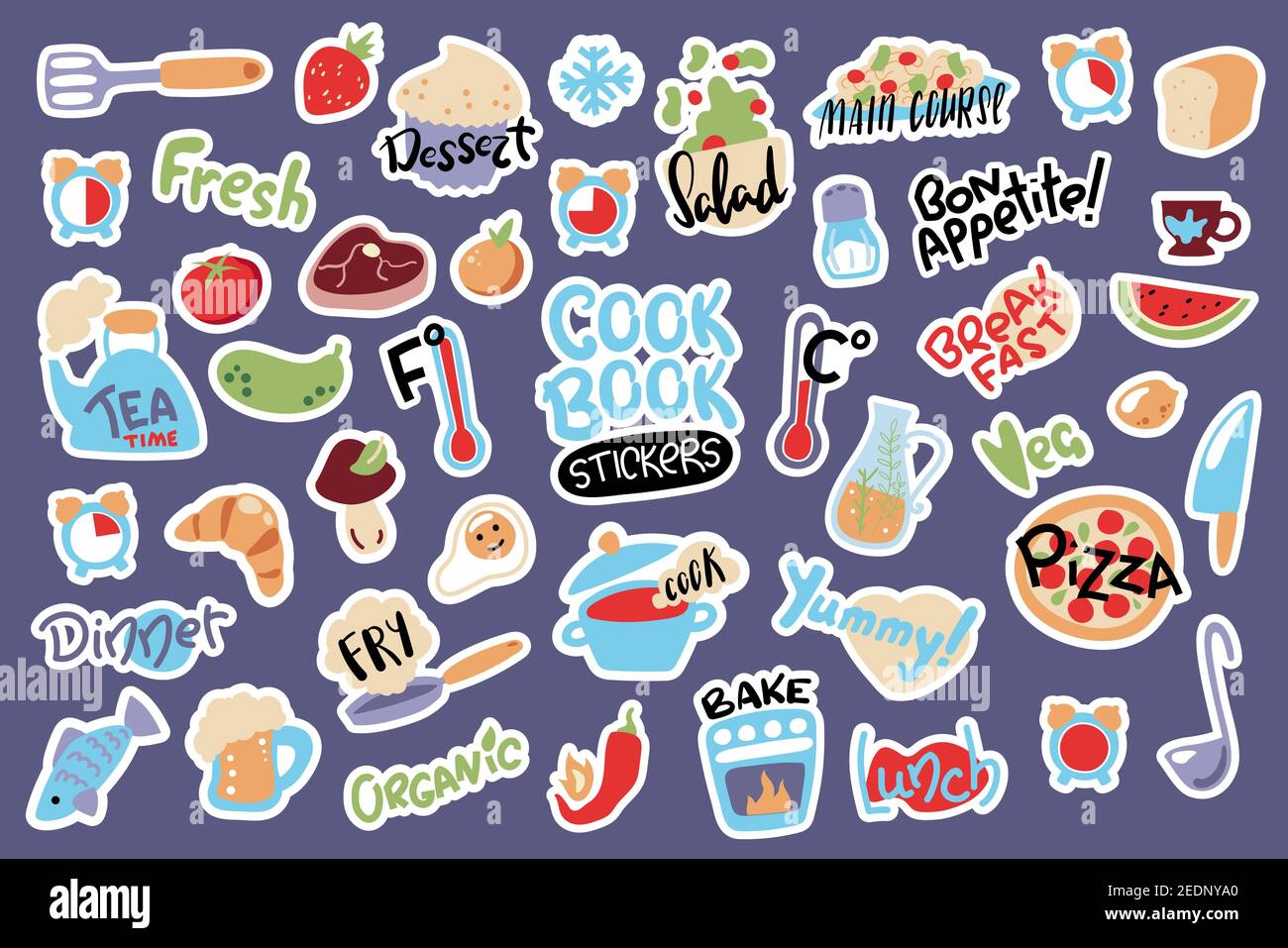 Food cooking stickers, vector illustration with white outline. Doodle ...