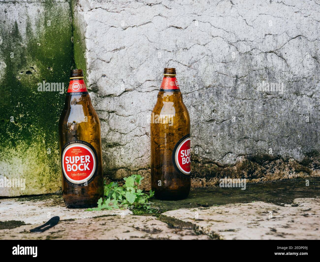 Lisbon, Portugal - Feb 9, 2018: Two empty bottles of Super Bock Sabor ...