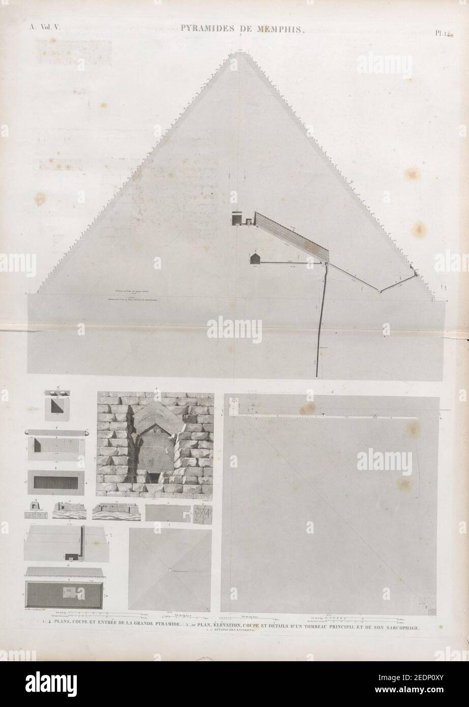 Pyramides de Memphis. 1-4. Plans, coupe et entrée de la Grande Pyramide ...