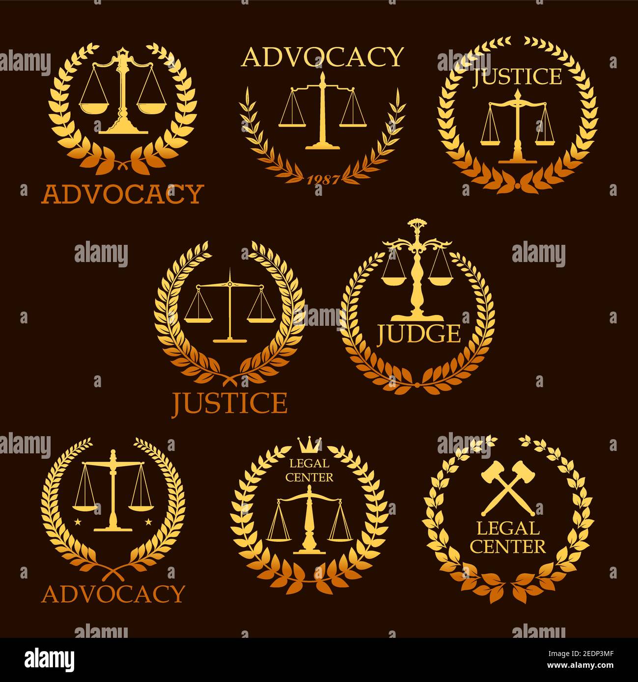 Justice and advocacy vector gold icons. Heraldic emblems of law scales ...