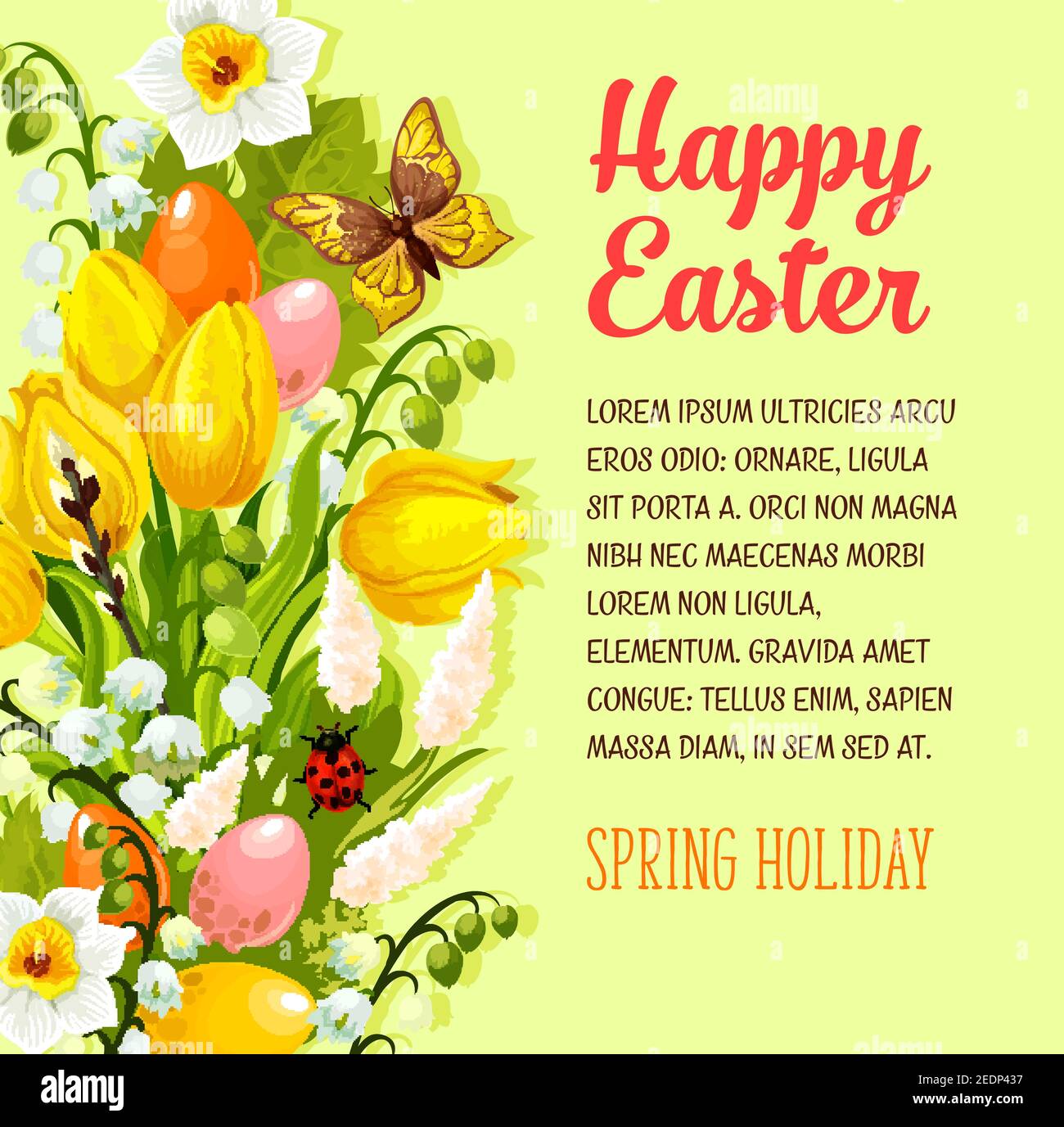 Happy Easter greeting poster of paschal eggs and springtime tulop ...