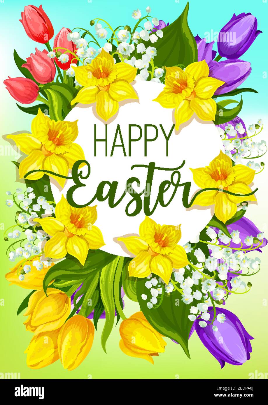 Easter spring flowers cartoon poster. Happy Easter round badge ...