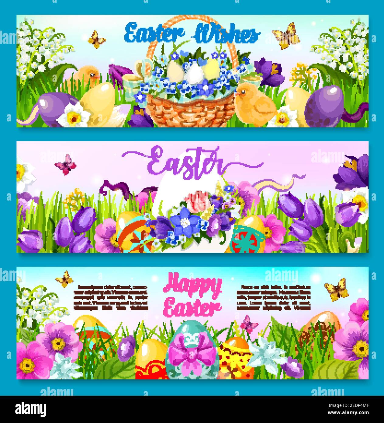 Easter egg with flower banner template set. Decorated Easter egg on ...