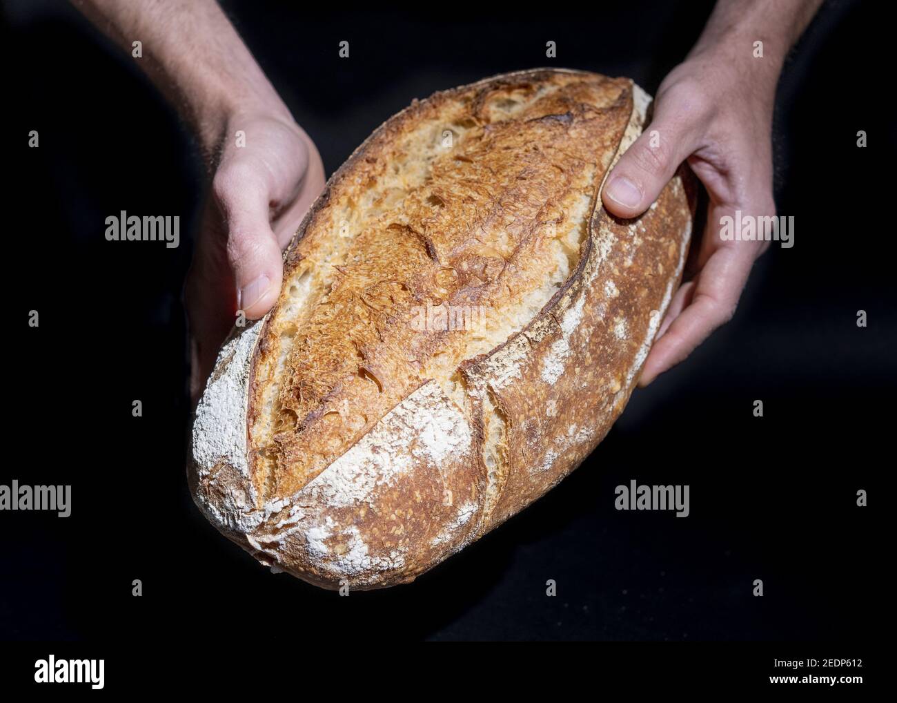 Male hands holding freshly baked bread against a black background Stock ...