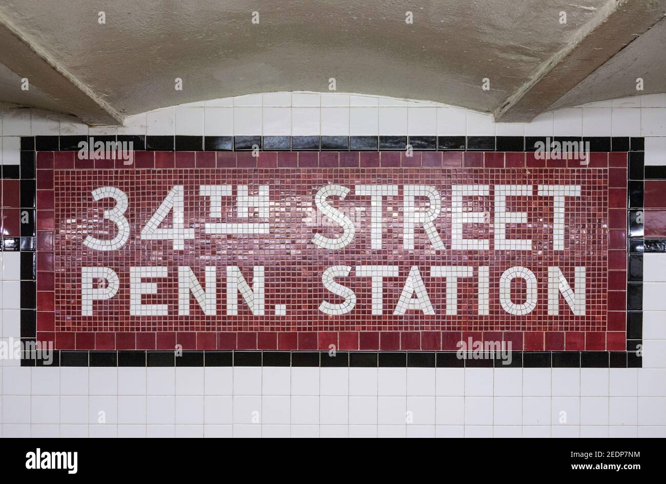 Tiled 34th Street Penn Station subway sign or terracotta mosaic, taken ...