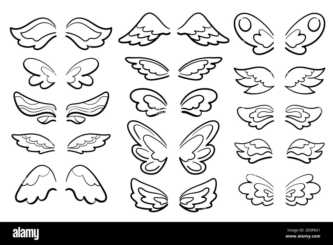 Cute wing set black line art vector illustration on white background ...