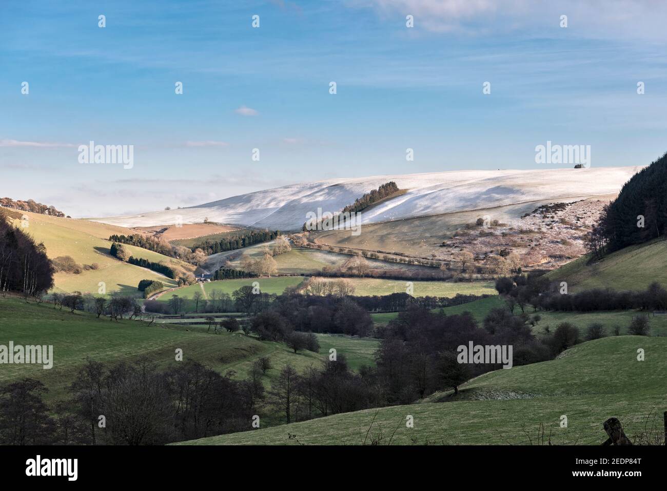 Snow lying on Castle Hill, above the A44 near New Radnor in mid Wales ...