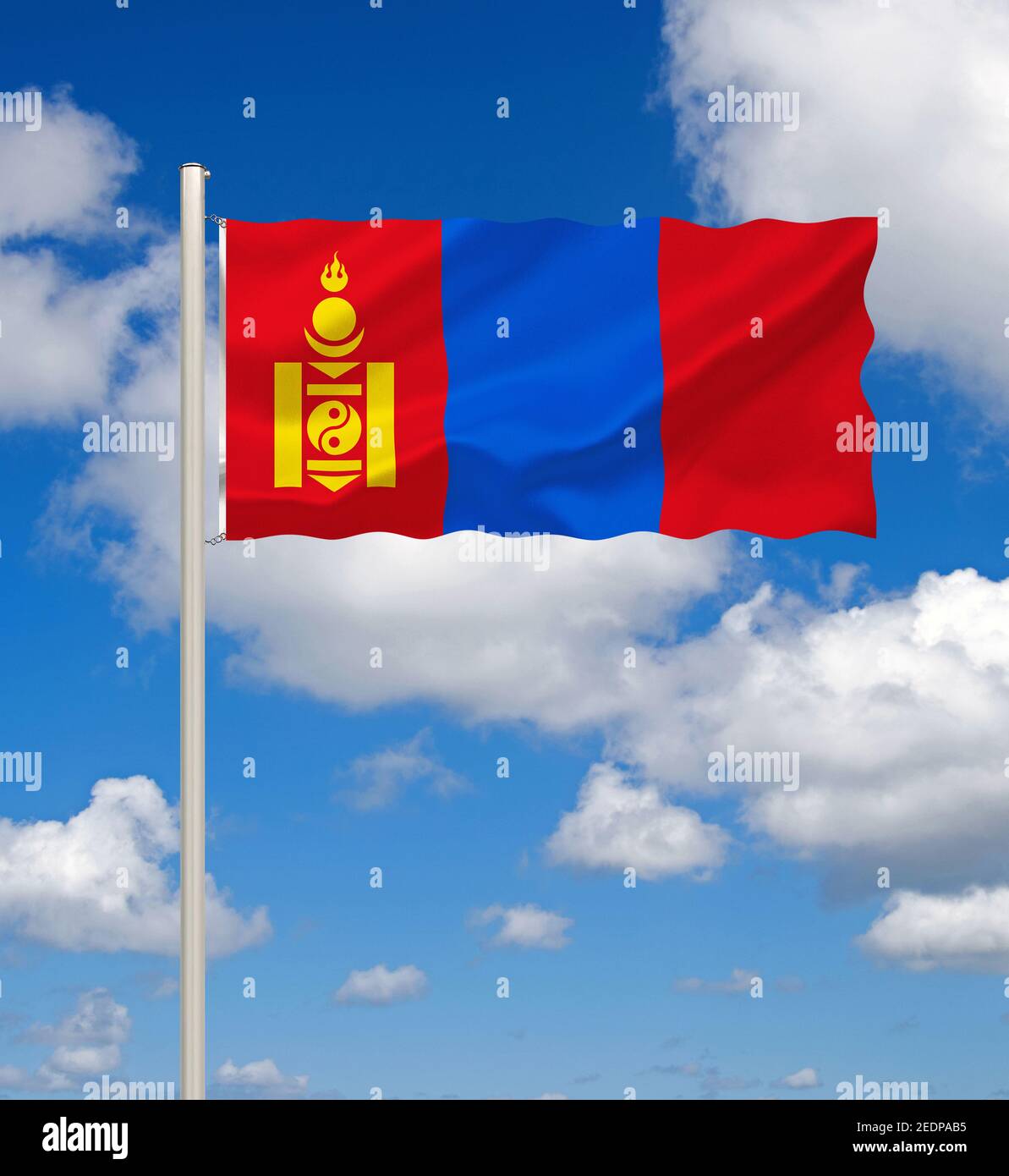 flag of Mongolia against blue cloudy sky, Mongolia Stock Photo - Alamy