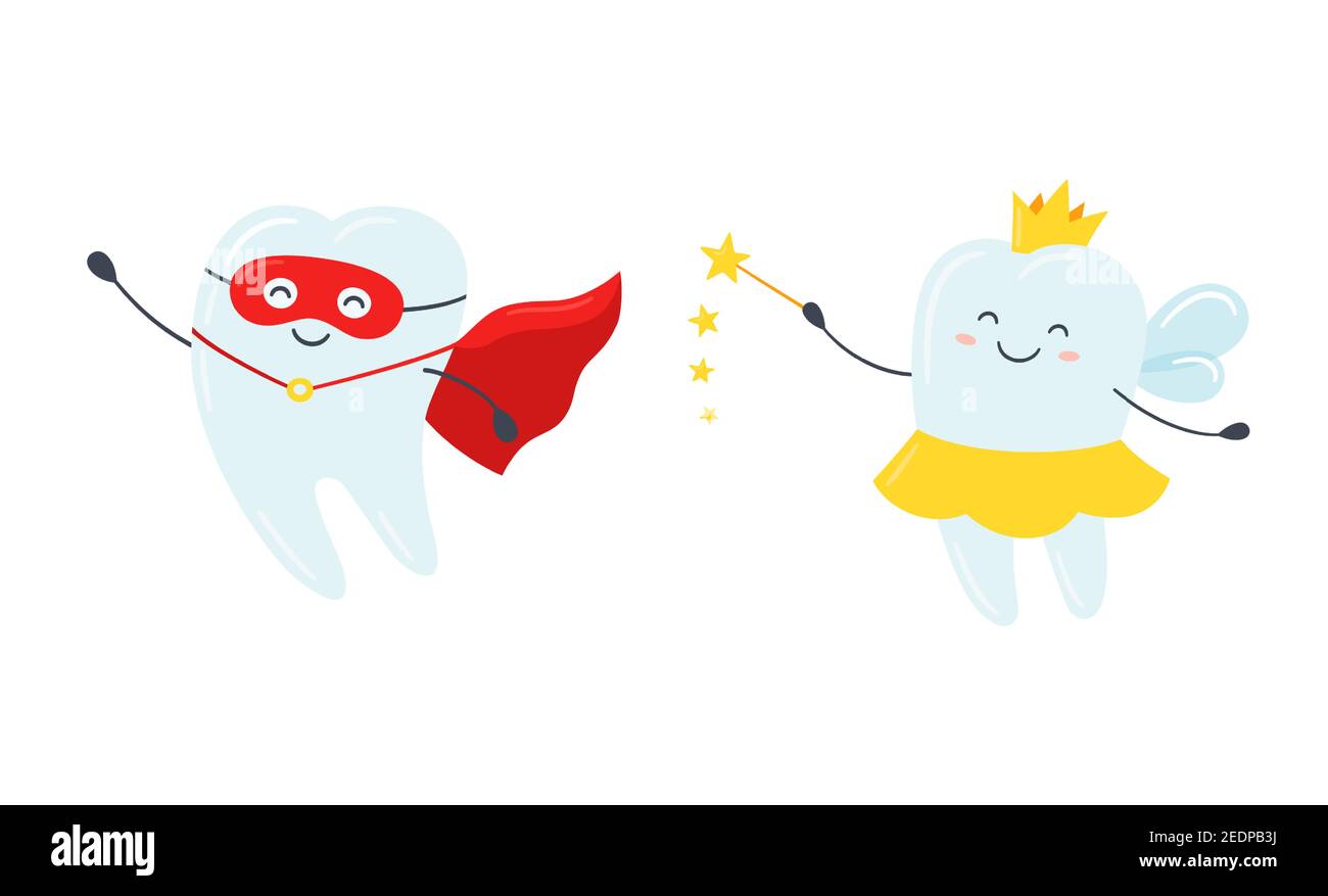 Children tooth fairy and superhero. Cute tooth with wings, a crown and ...