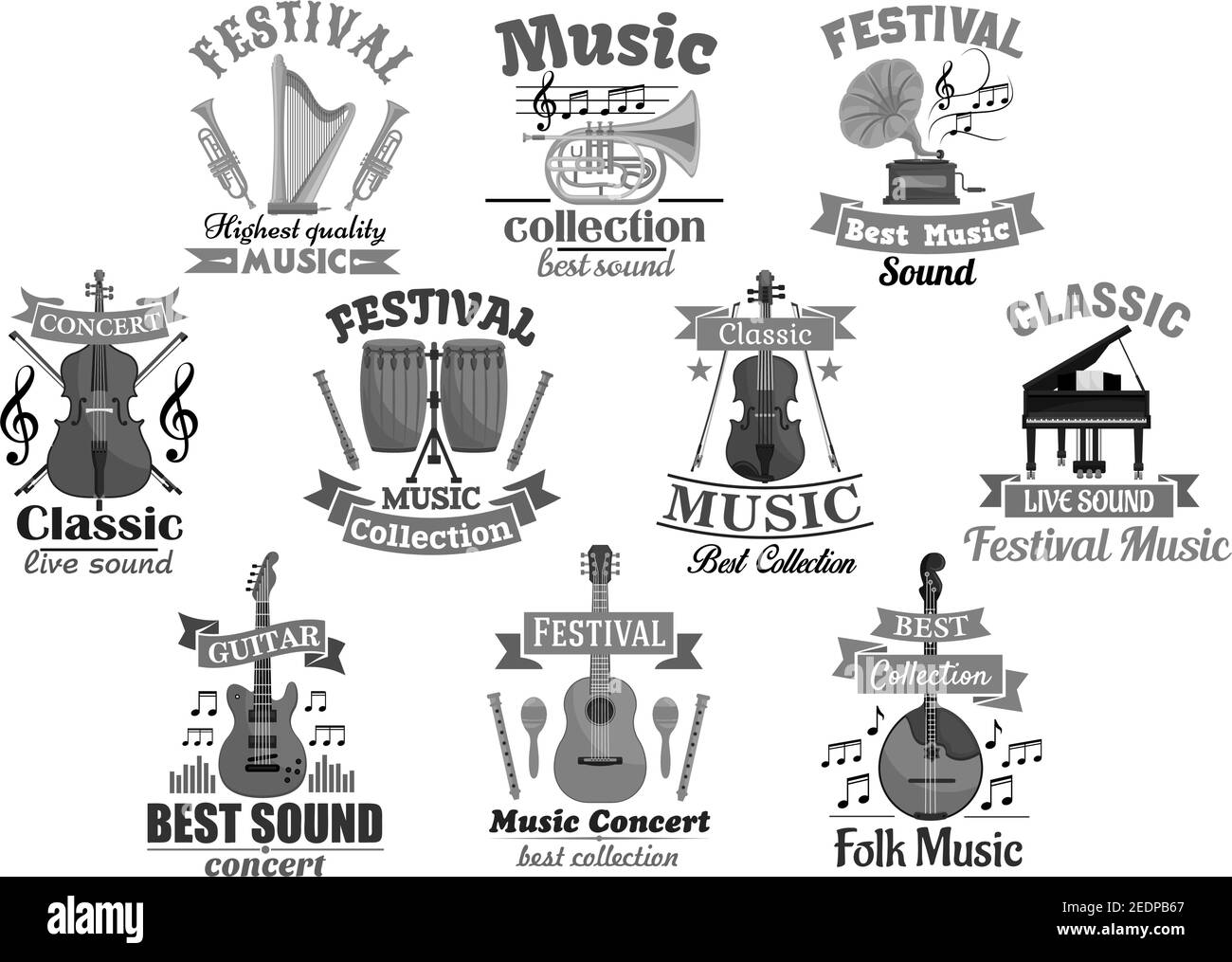 Music instrument symbol set. Guitar, piano, drum, trumpet, harp, violin ...