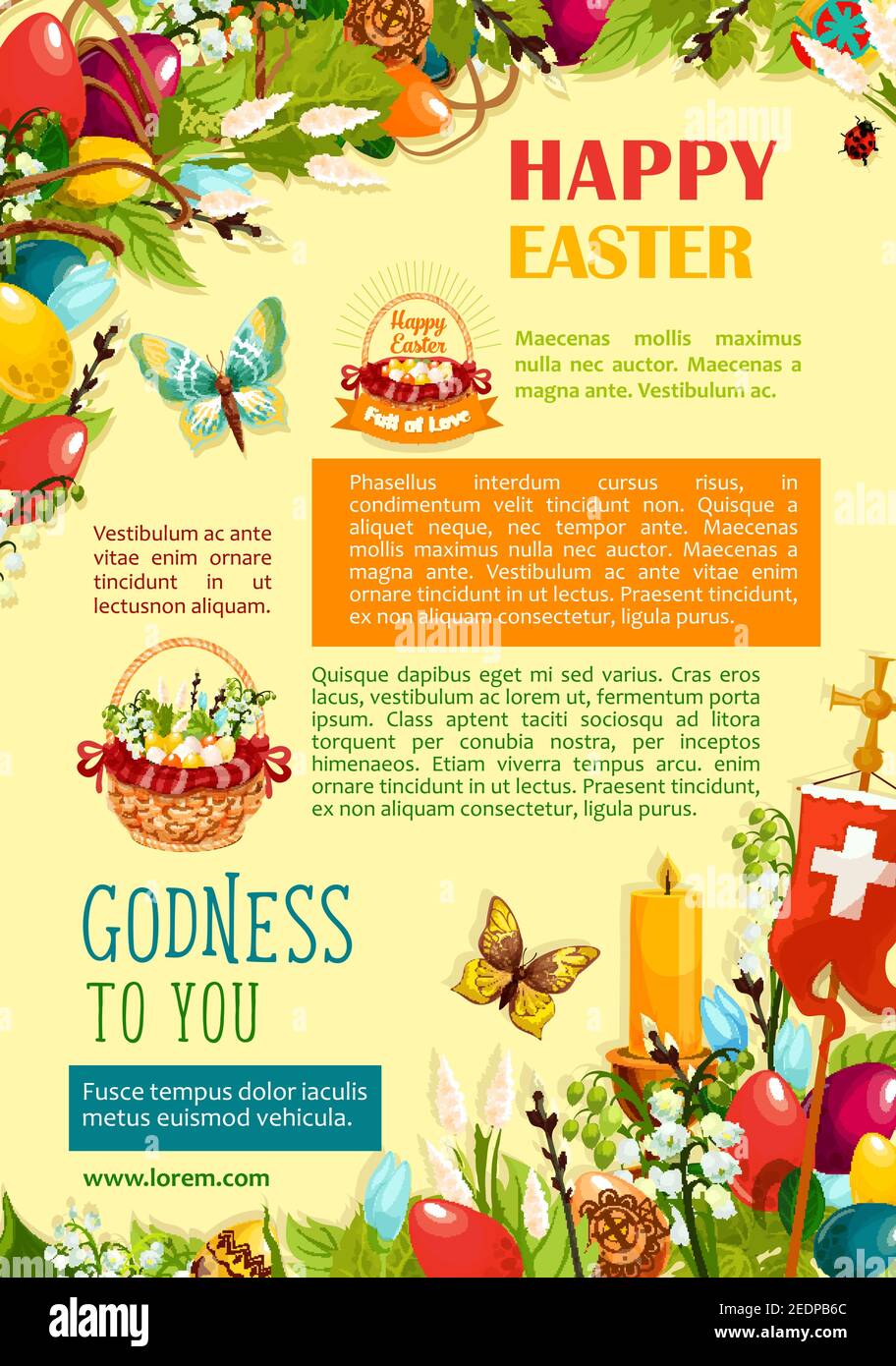 Happy Easter greetings poster template. Coloured Easter eggs and spring ...