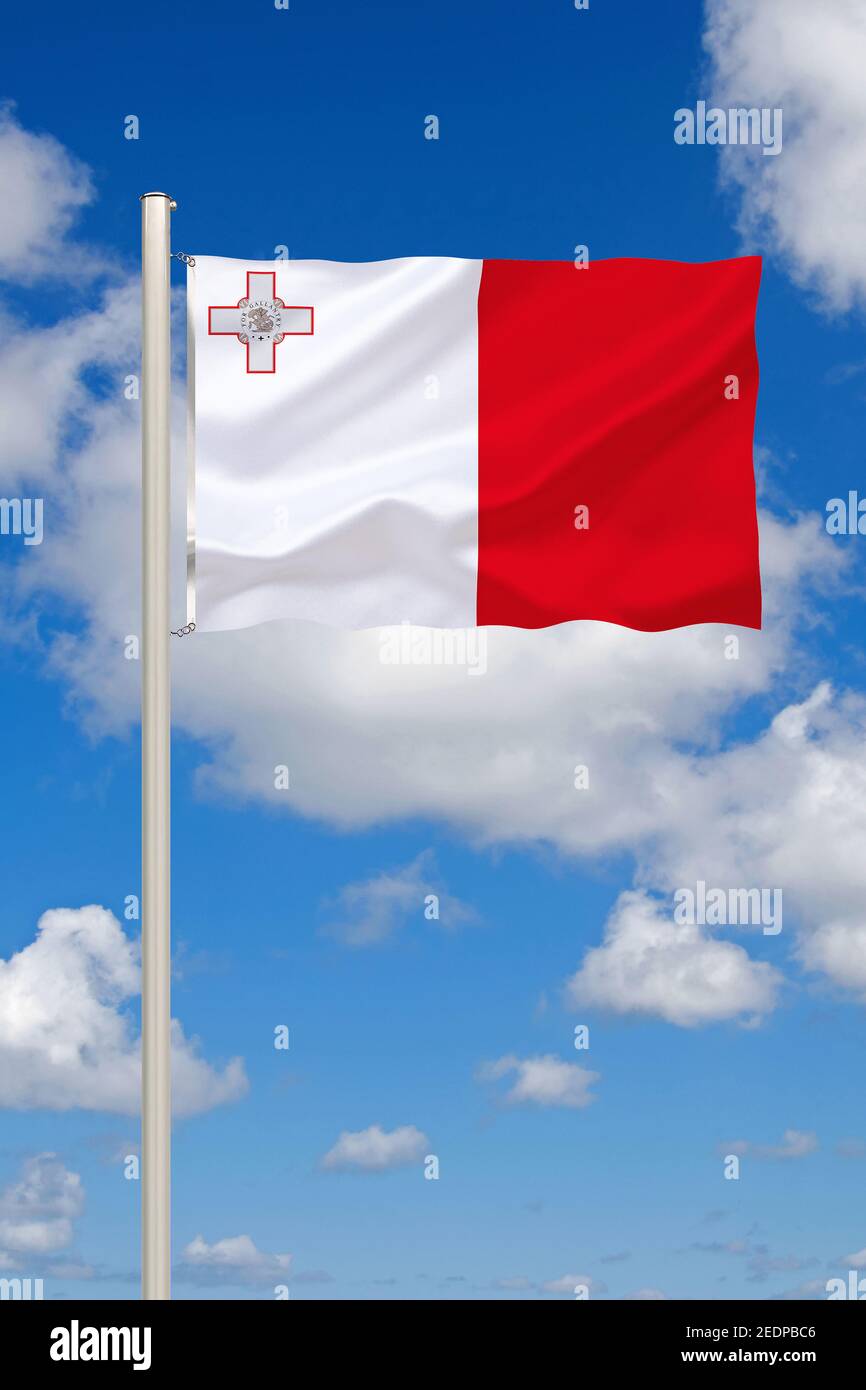 flag of Malta against blue cloudy sky, Malta Stock Photo - Alamy
