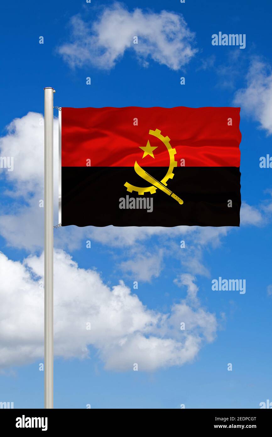 flag of Angola against blue cloudy sky, Angola Stock Photo - Alamy