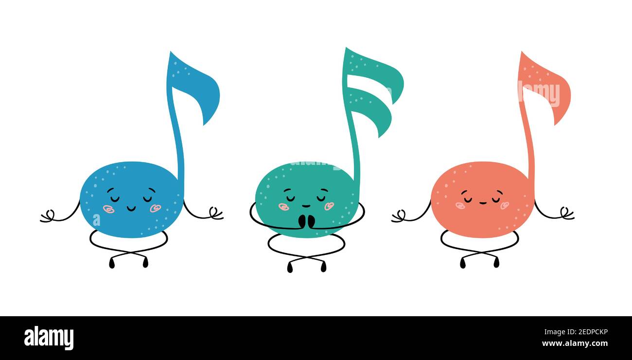 Cute musical notes in yoga pose. Notes practicing yoga and meditates ...