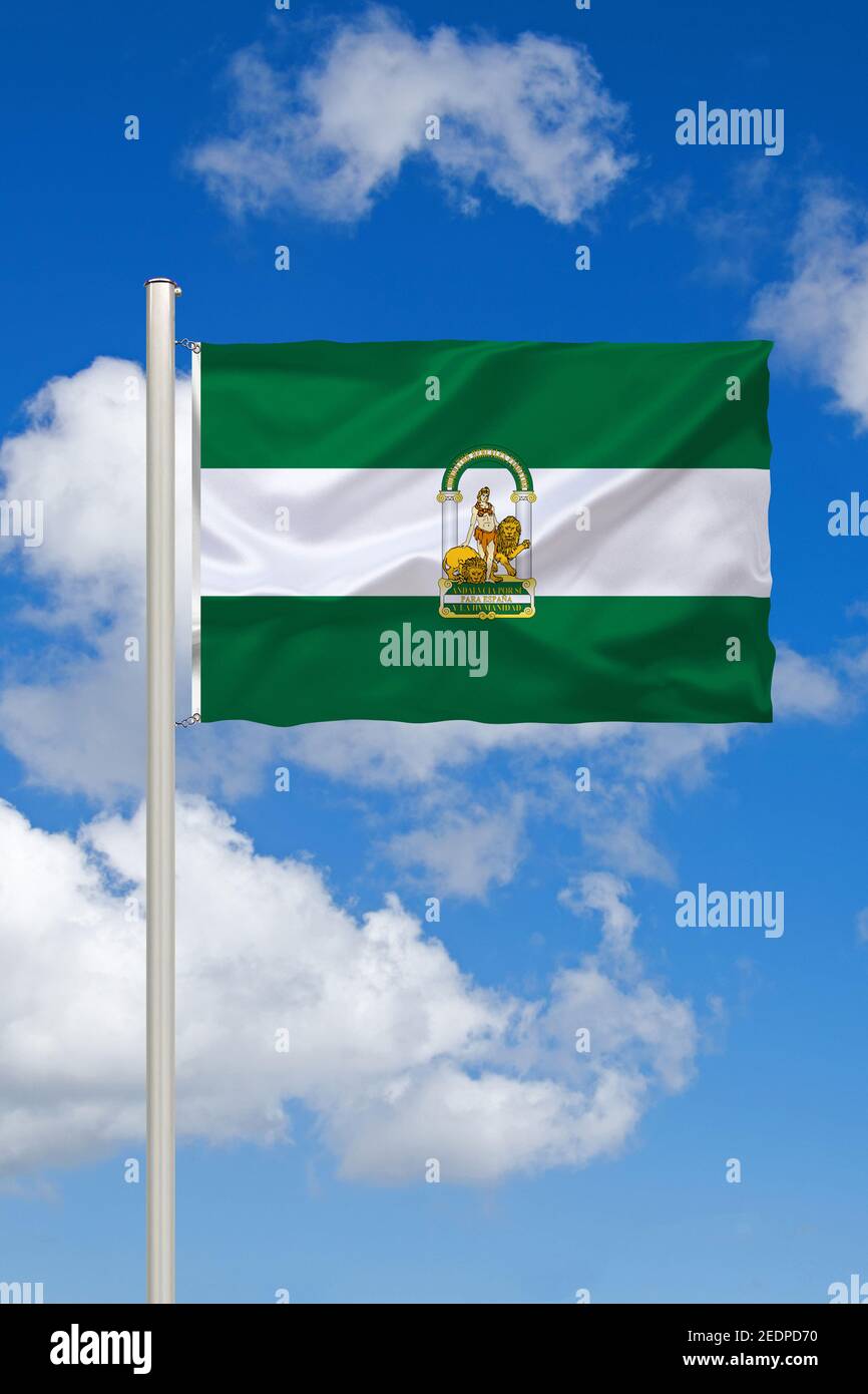 flag of Andalusia against blue cloudy sky, Spain, Andalusia Stock Photo ...