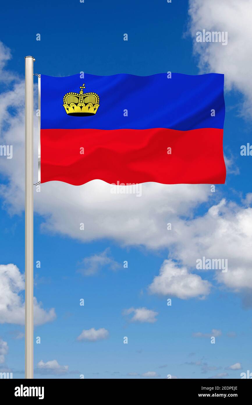 flag of Liechtenstein against blue cloudy sky, Liechtenstein Stock ...