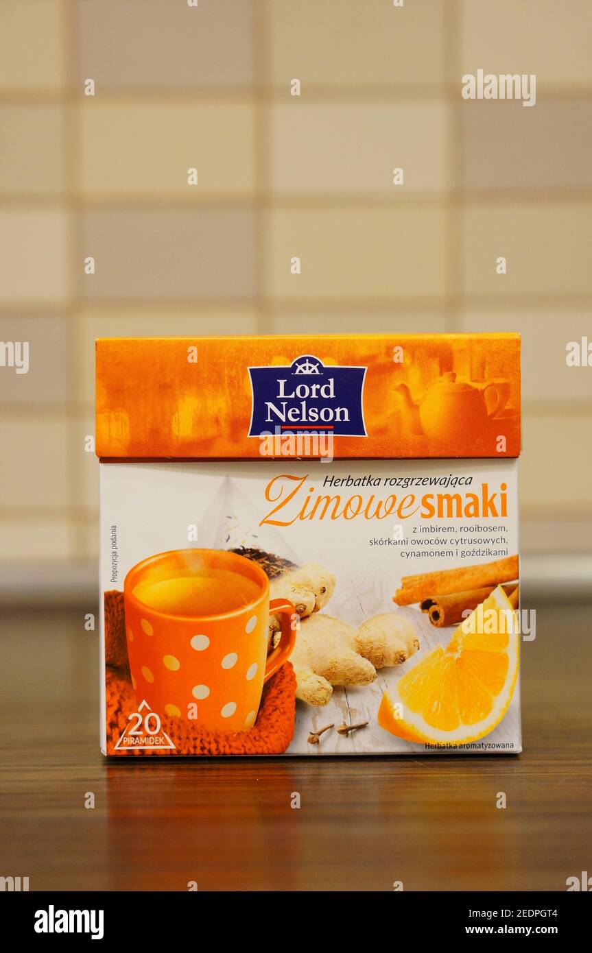 POZNAN, POLAND - Dec 27, 2017: Lord Nelson winter tea with orange in a ...