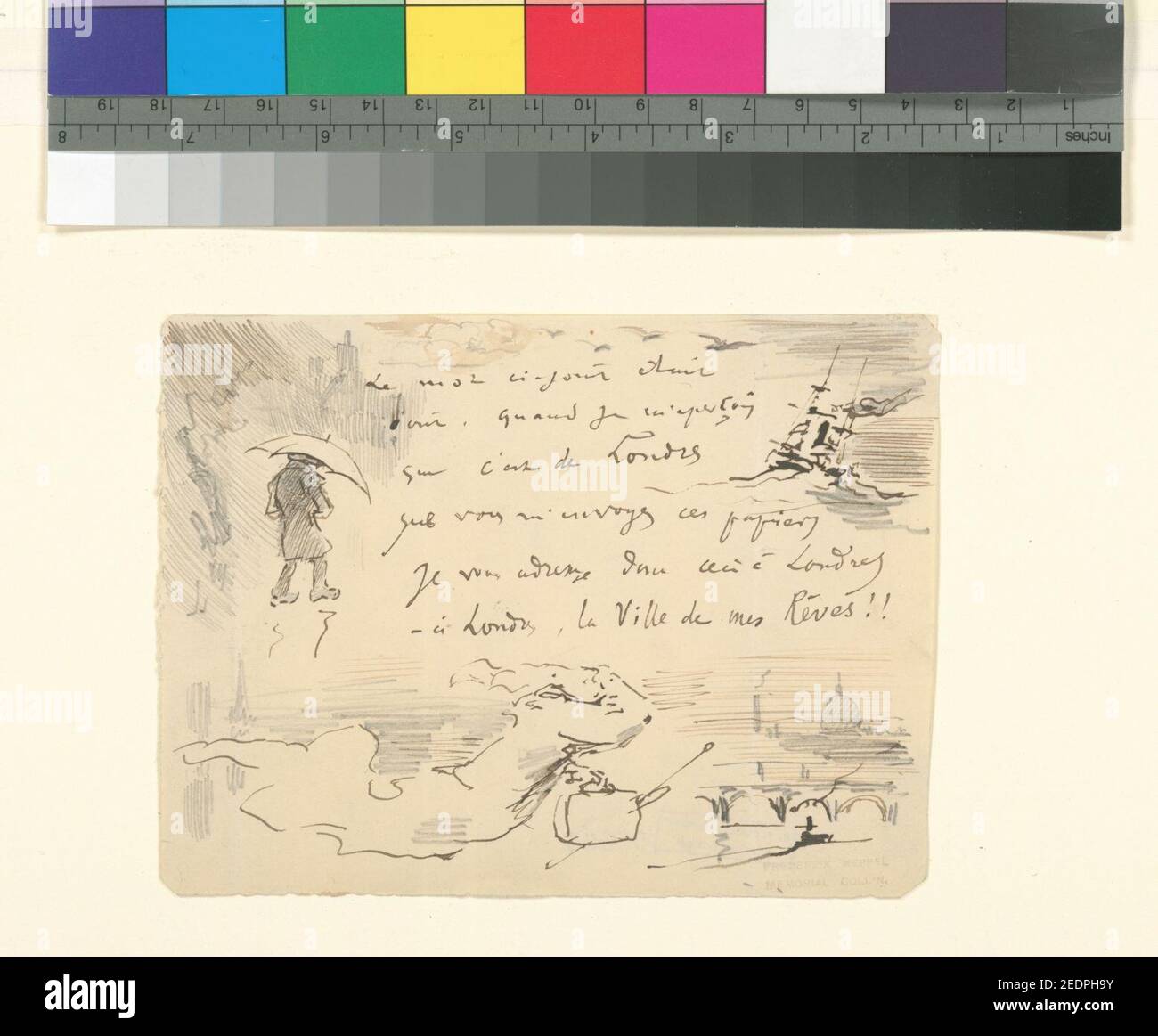 Sheet with a poem and studies of a man with an umbrella, a ship at sea ...