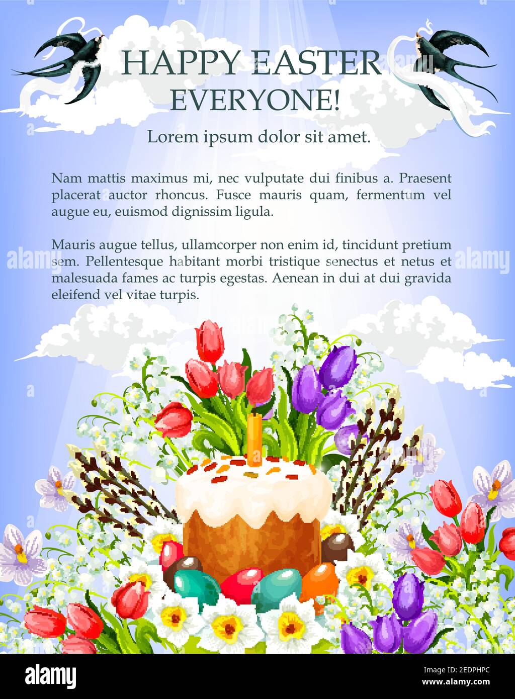 Easter cake, egg and flower cartoon poster template. Easter painted egg ...