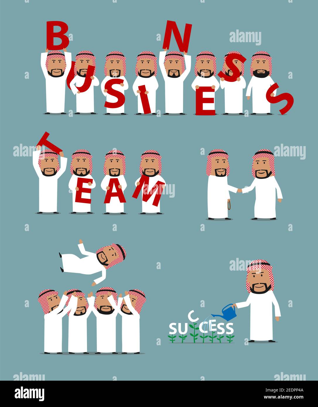 Business success, teamwork and partnership concept set. Arab ...