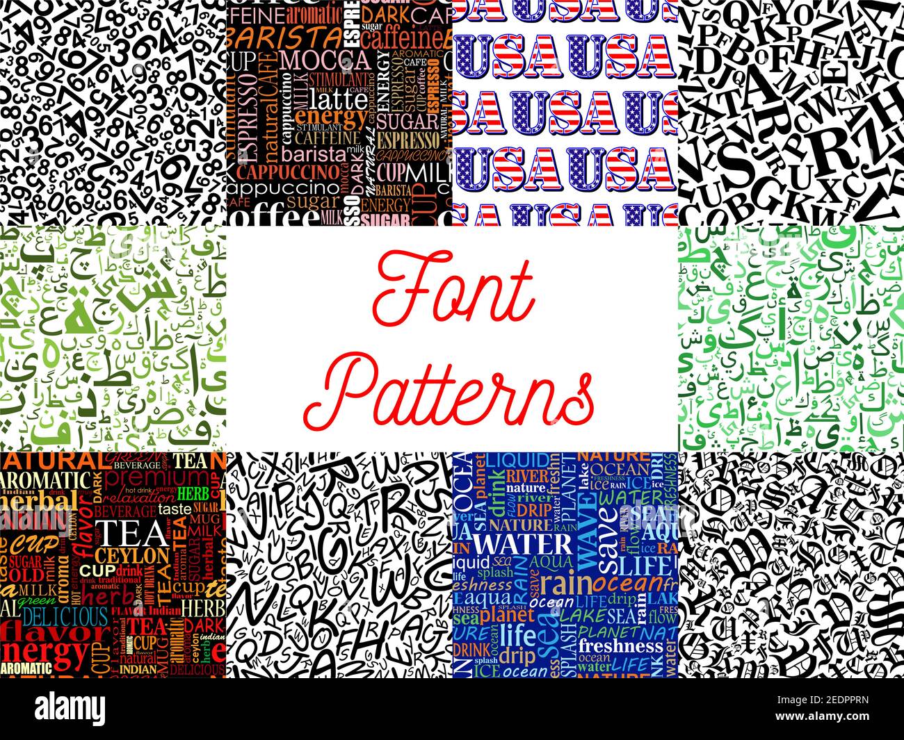 Font seamless pattern background set with letters, numbers, arabic ...