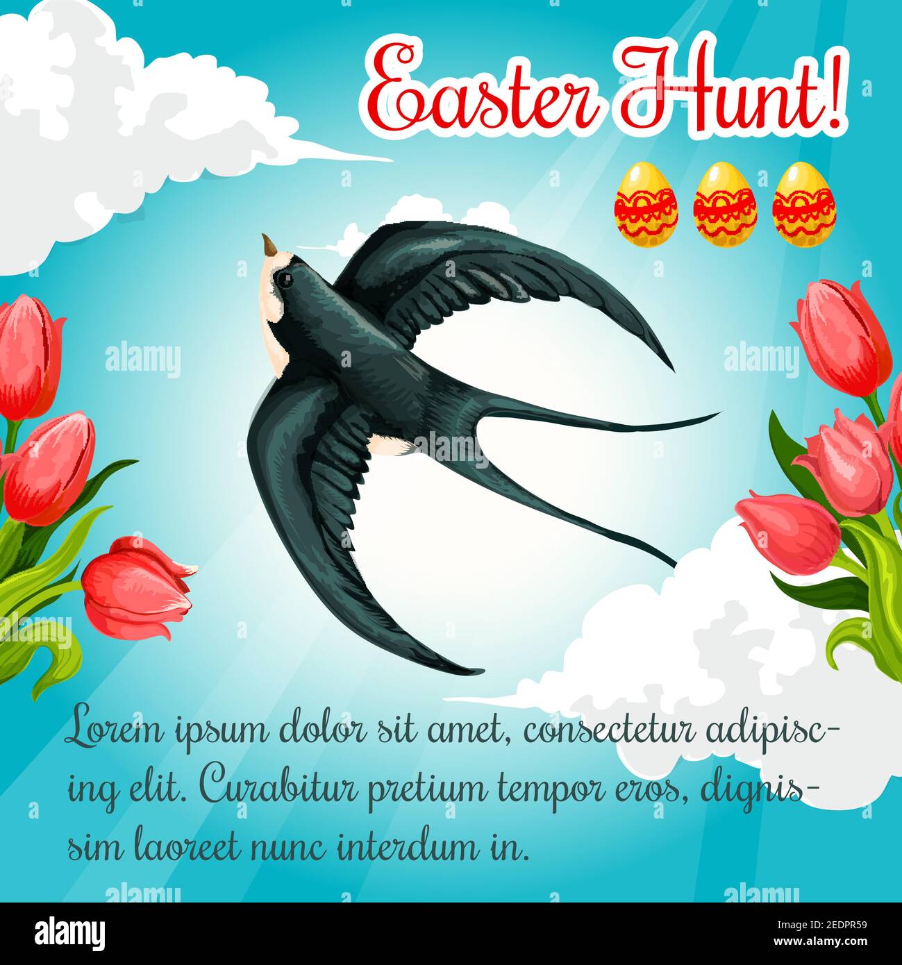 Easter Hunt greeting poster or card template with swallow bird in blue ...