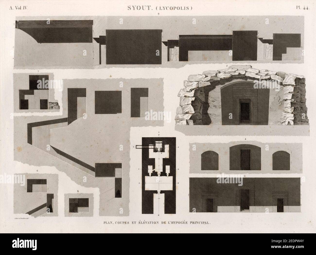 Syout (Asyût) (Lycopolis). Plan, coupes et élévation de l'hypogée ...