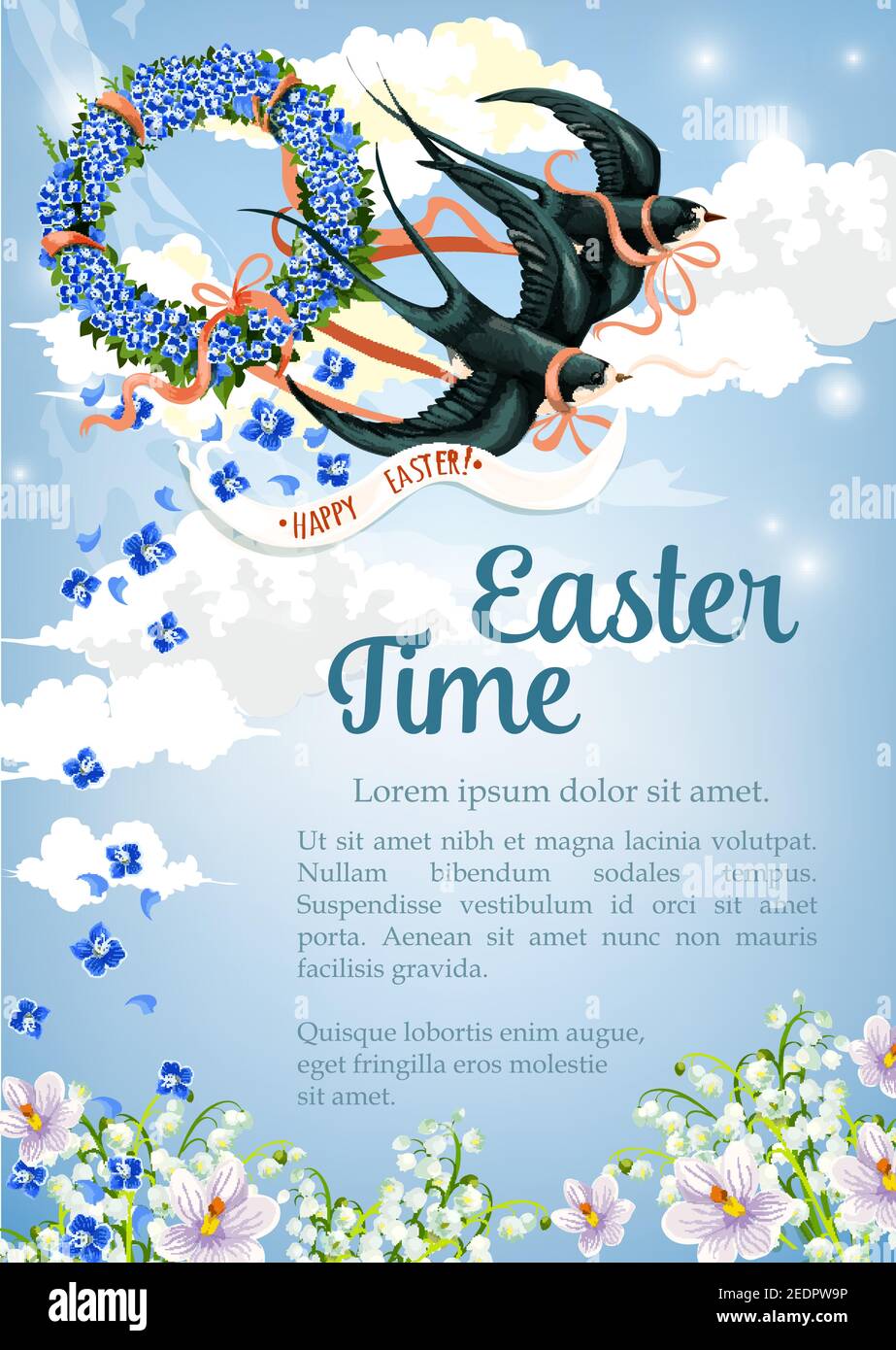 Easter Time greeting poster or card template with swallow birds ...