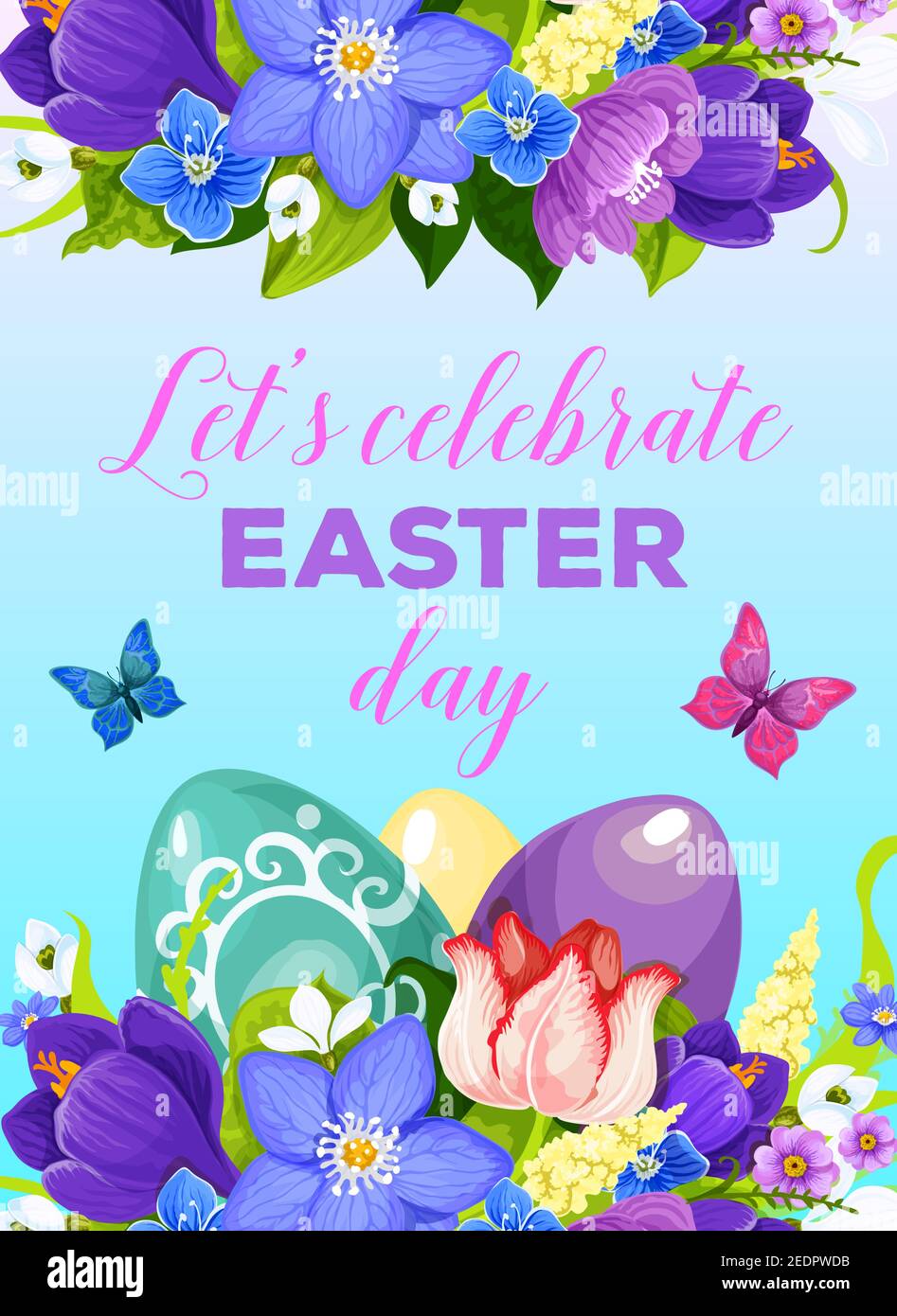 Easter greeting poster of paschal eggs and spring flowers bunch of ...