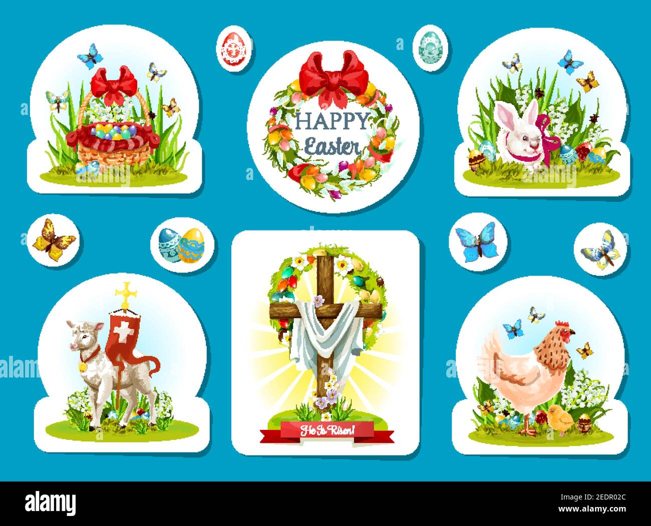 Easter holiday sticker set. Easter egg, rabbit bunny, chicken, egg hunt ...