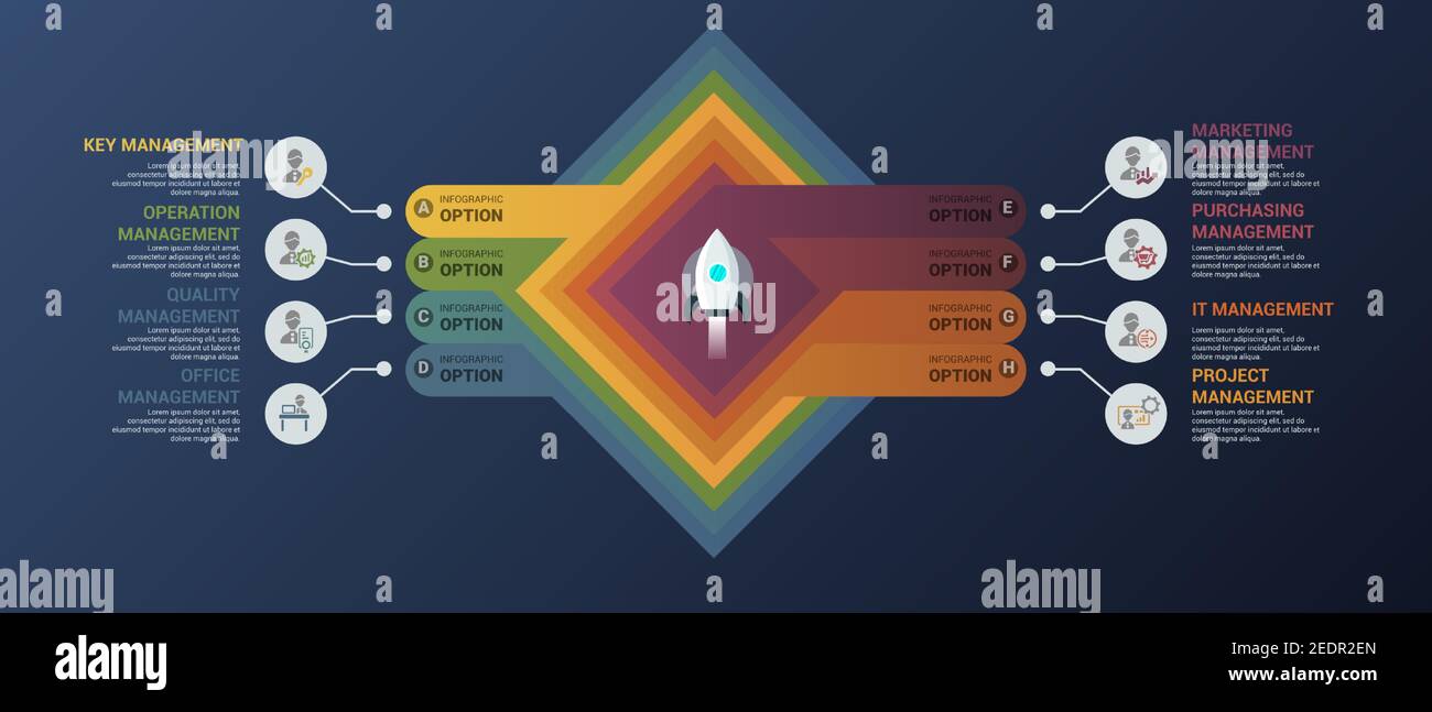Infographic Company Management template. Icons in different colors ...
