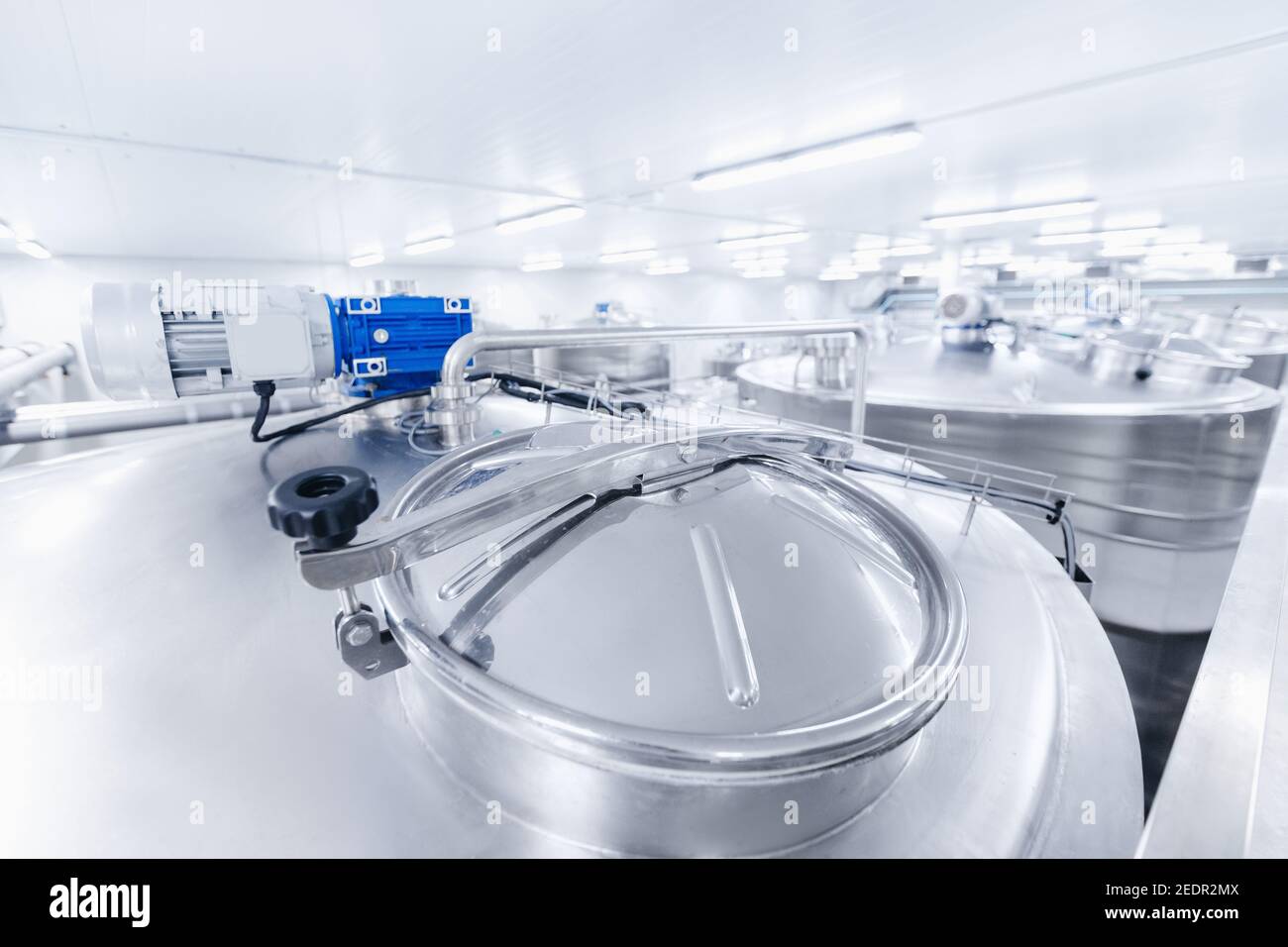 Equipment dairy plant, milk factory industry. Stainless steel storage ...