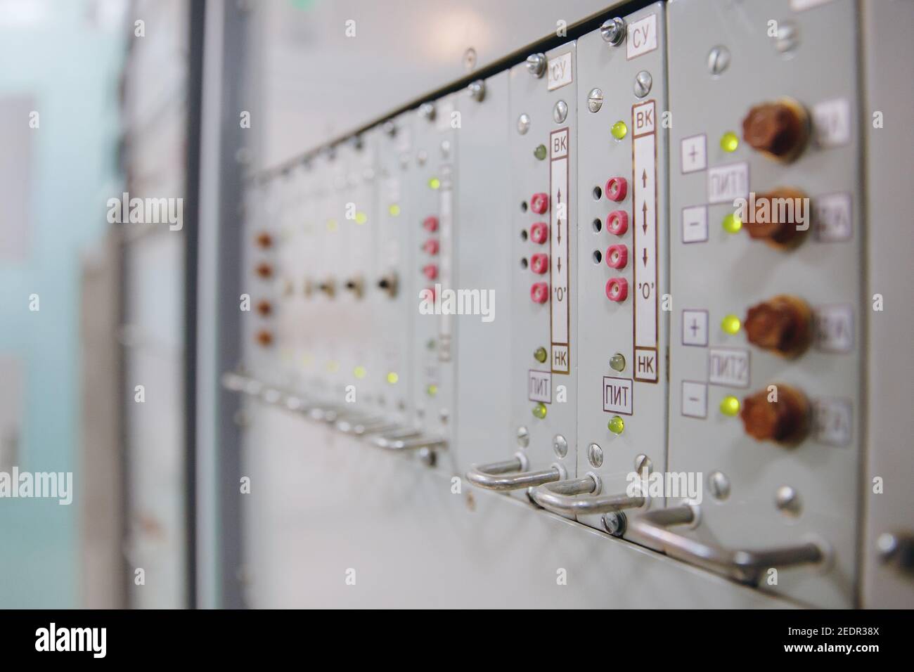 Close-up of buttons and switches control panel of nuclear power plant ...