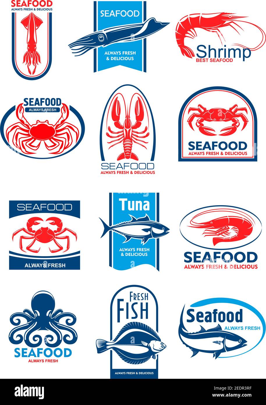 Seafood and fish symbol set. Lobster, crab, shrimp, salmon, tuna ...