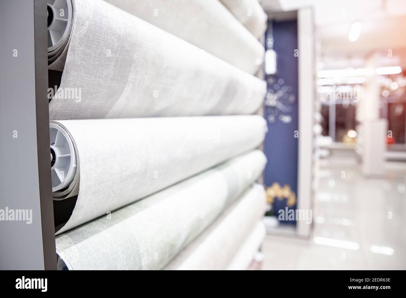 Banner samples of different colorful rolls of wallpaper in shop, choice ...