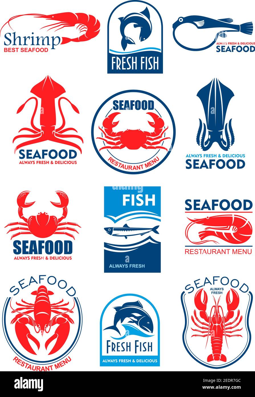 Seafood and fish food icons and symbols of squid or cuttlefish, lobster ...