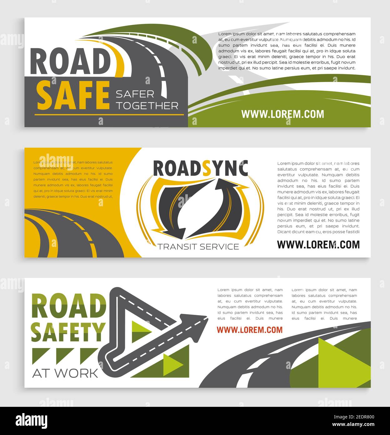 Road safety and transit service banner template set. Asphalt road and ...
