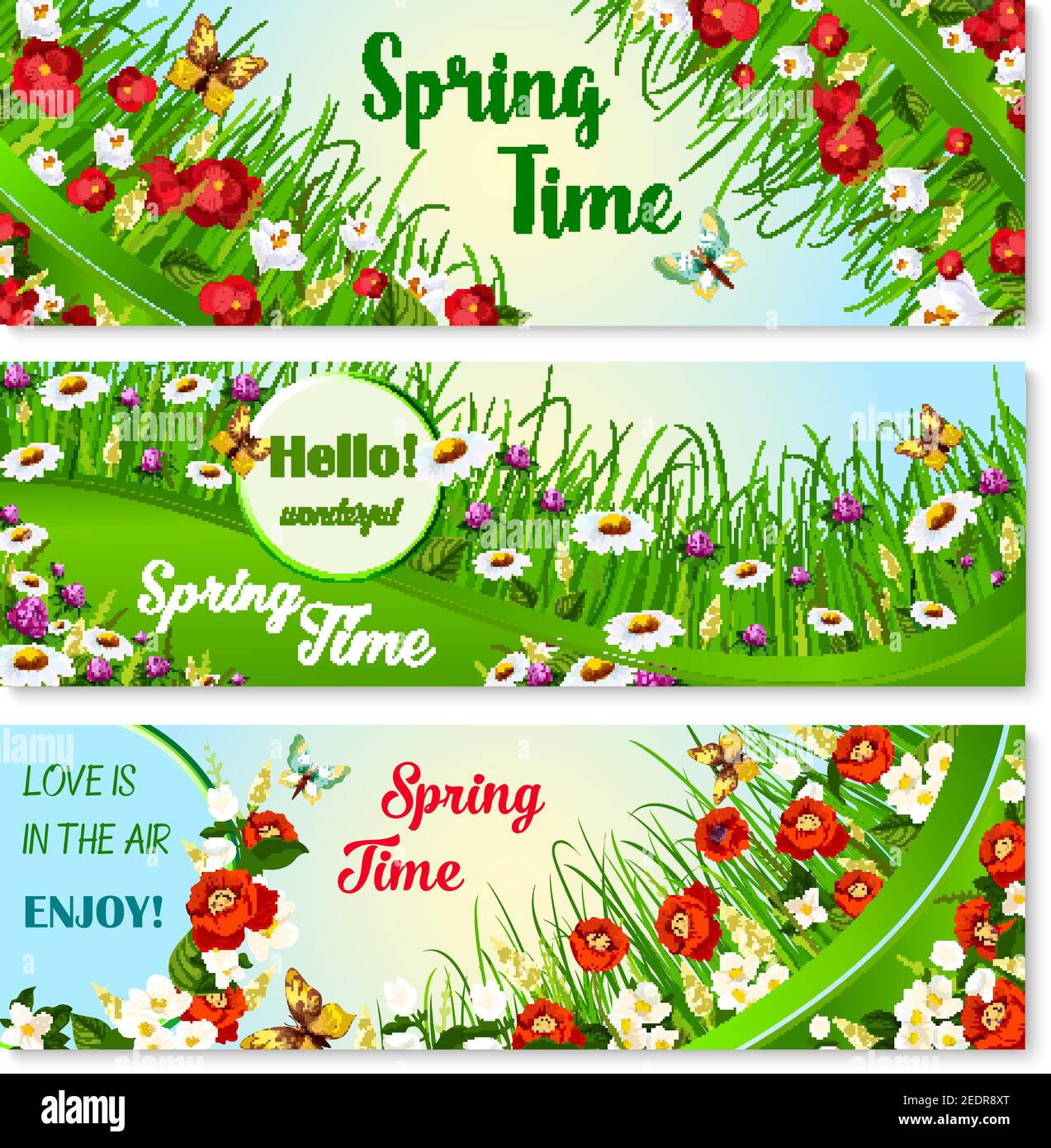 Hello Spring vector banner set. Springtime blooming flowers and ...
