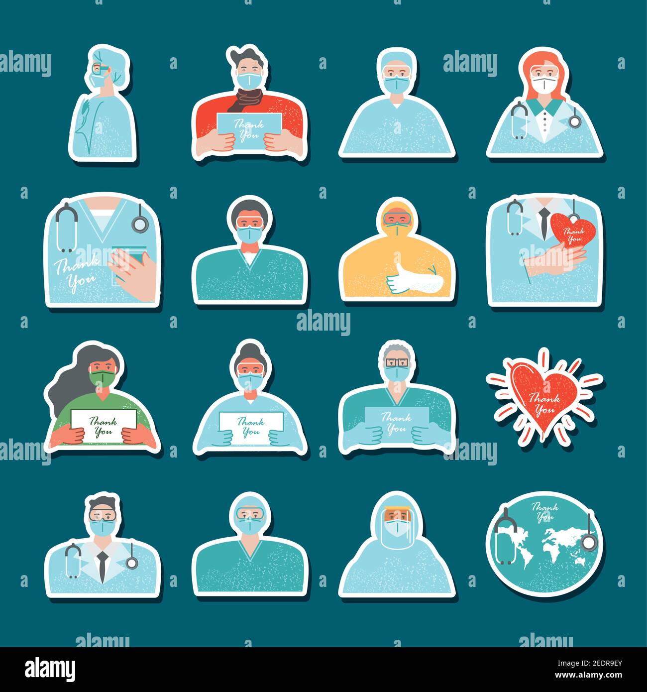 thanks you, medical staff characters world heart, icons stickers vector ...