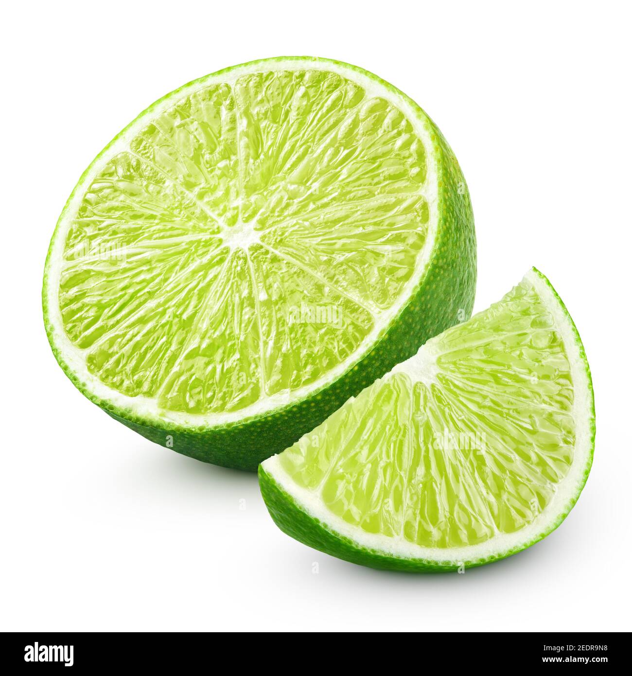 Half and slice of lime citrus fruit isolated on white background with ...