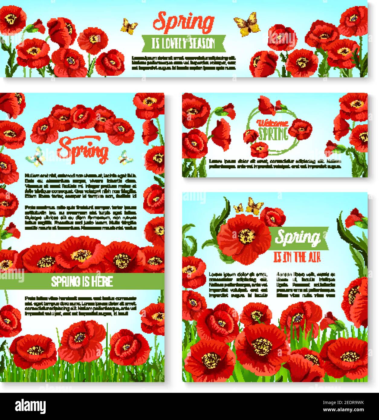 Welcome Spring banner and card template set. Spring flower field with ...