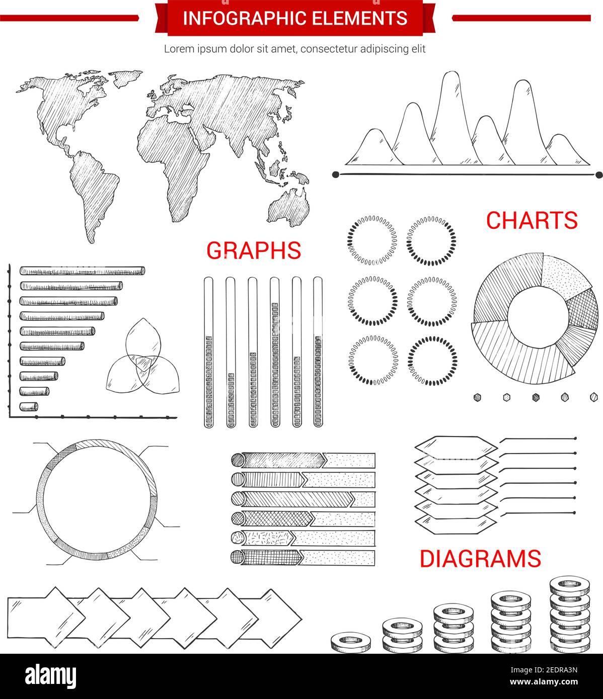 Infographic elements, sketch design. Hand drawn world map, bar graph ...