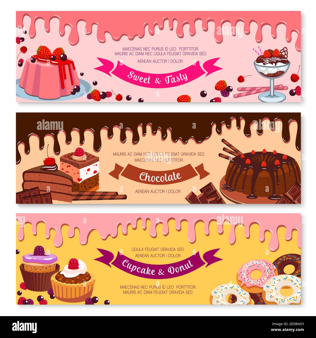 Cake dessert and ice cream banner set. Sweet cake, cupcake, donut, ice ...