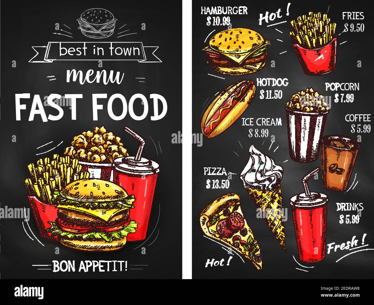 Fast food sketch menu. Price for pizza and burger sandwich, hot dog ...