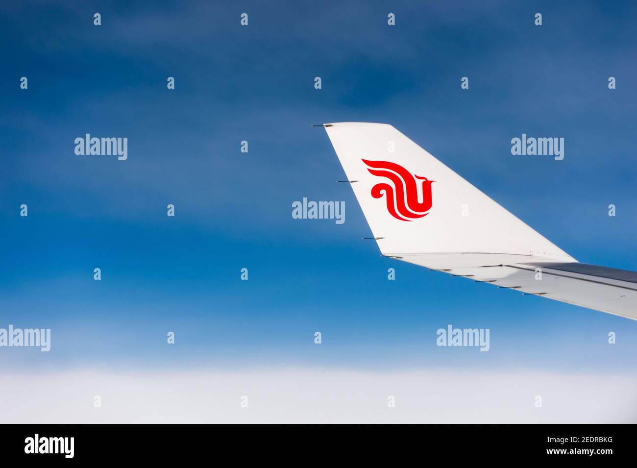 Aerial view of the Air China logo on the winglet on the Airbus A330 of ...