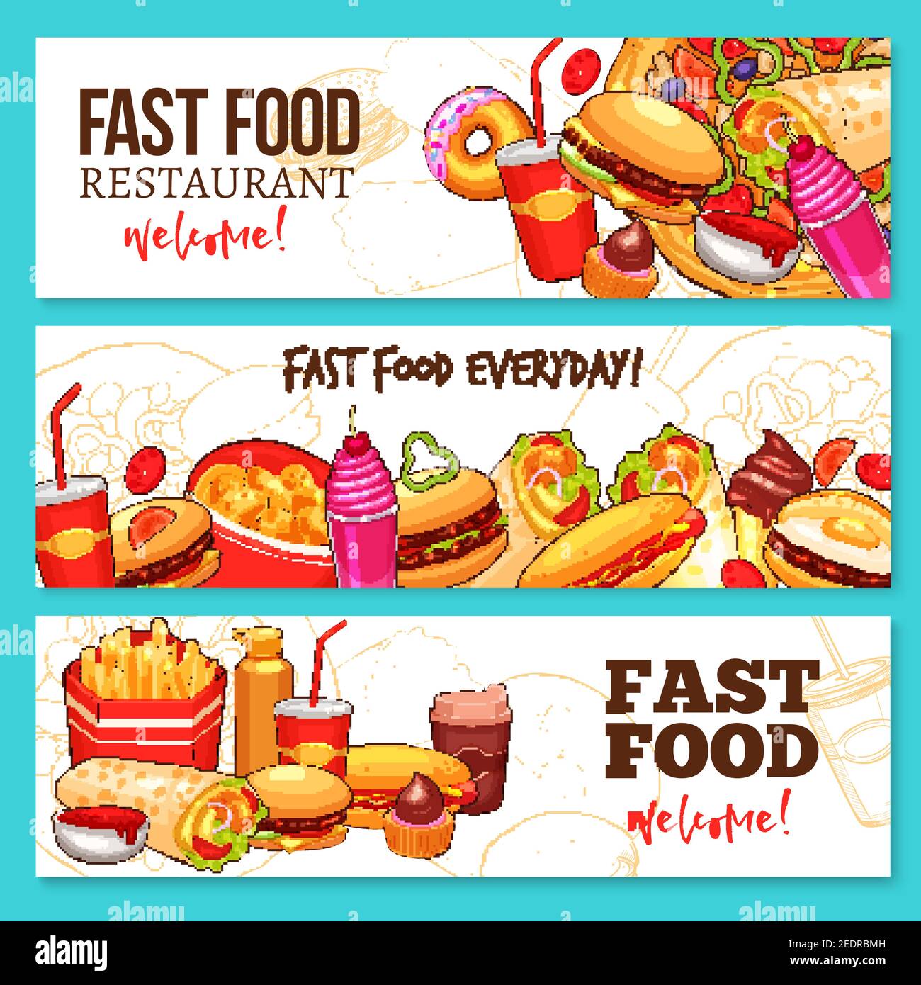 Fast food restaurant banners. Hamburger, hot dog and pizza, french ...