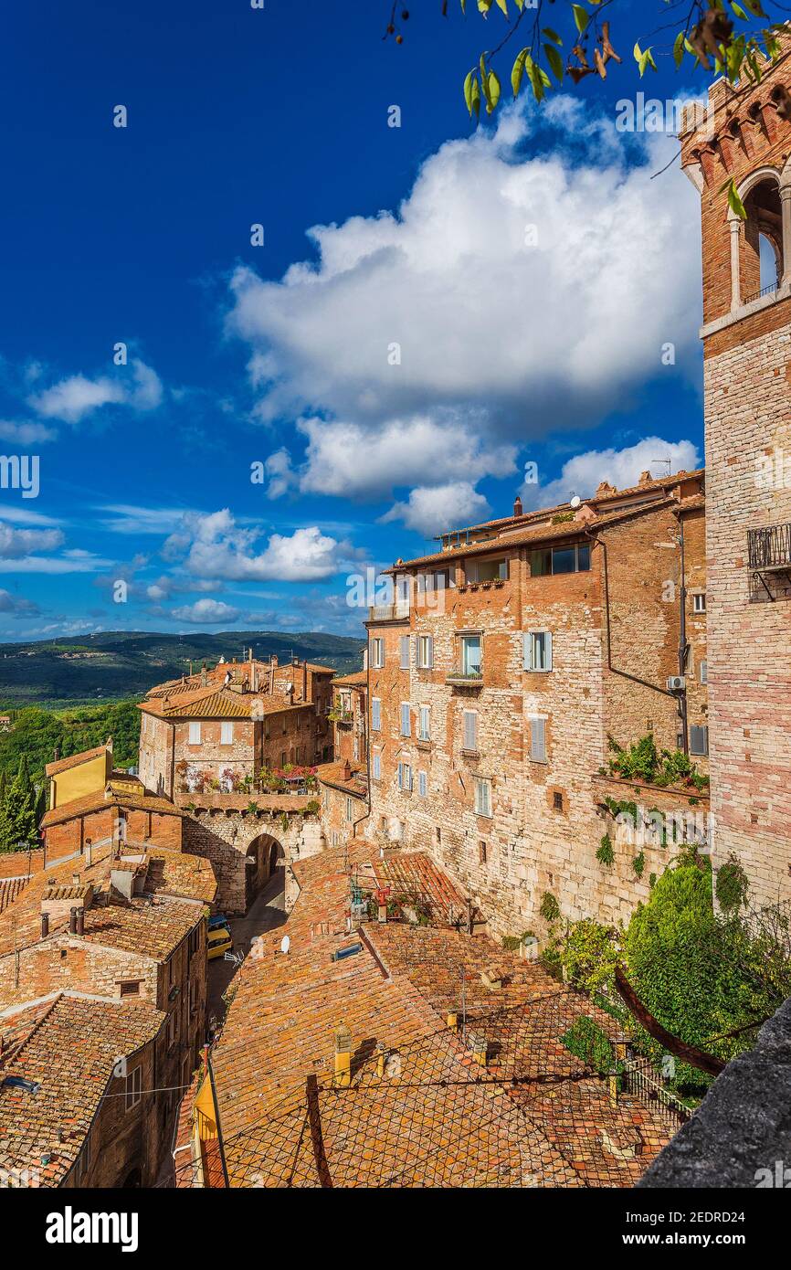 View of Perugia medieval historic center with ancient Eburnea Gate and ...